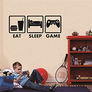 Boys Room Controller Joysticks Wall Sticker Quotes Eat Sleep Games Letter Art Wall Decor Sticker for Kids Boys Room Play Room Art Decal Y-212 (Black, 57X25CM)