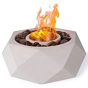 Tabletop Fire Bowl - Extra Large Concrete Table Top Fire Pit Indoor Outdoor Portable Fireplace Geometric Centrepiece, Gray, 9.45 inches