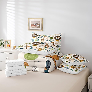 Feelyou Safari Animals 7 Piece Bedding Set Twin, Cartoon Lion Giraffe Comforter Set with Sheets Cute Monkey Bed in a Bag for Kids Nature Wildlife Bed Set