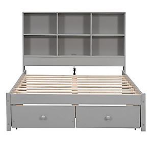 CITYLIGHT Full Size Bed Frame with Bookcase Headboard and 2 Drawers, Wood Full Size Platform Bed with Charging Station for Kids Teens Adults, No Box Spring Needed, Grey