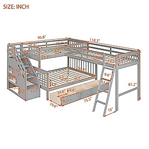 BOVZA Twin Over Full L-Shaped Bunk Bed Corner Loft Bunk Beds with Storage Drawers, Angled Ladder and Stairs, Wood Triple Bunk Bed for 3 Kids Teens Adults, Gray