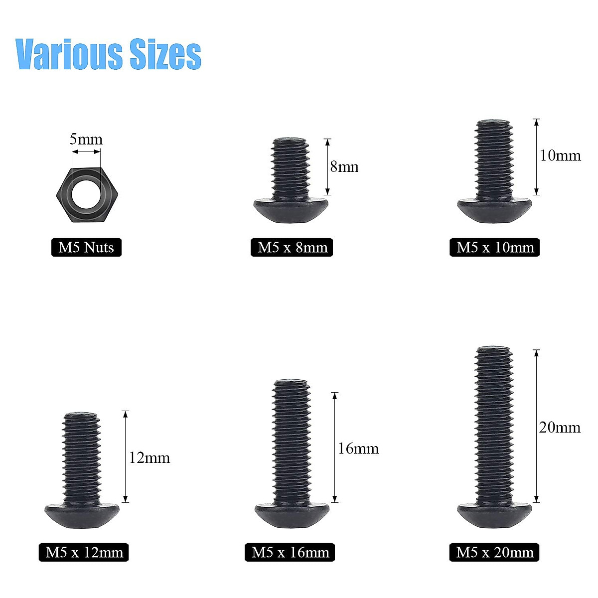 DYWISHKEY 150 Pieces M5 x 8mm/10mm/12mm/16mm/20mm, 10.9 Grade Alloy Steel Hex Button Head Cap Bolts Nuts Kit with Hex Wrench