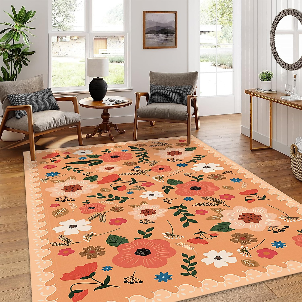 Area Rugs for Living Room Machine Washable Floral Rugs for Bedroom Carpet Rugs Non Slip Stain Resistant Entryway Rug Low-Pile Throw Rug for ‎Dining Room Office Children's Room