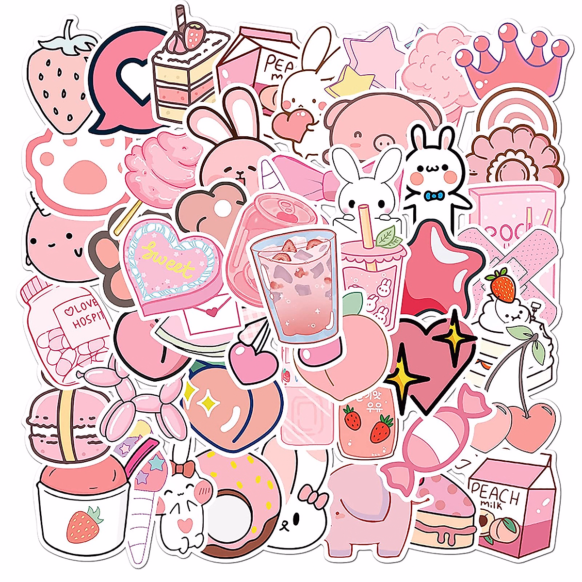 prettDliJUN Decorative Wall Art, 50PcsBag Beverage Stickers Water-Proof Cute Pink Blue PVC Vinyl Sticker, 2
