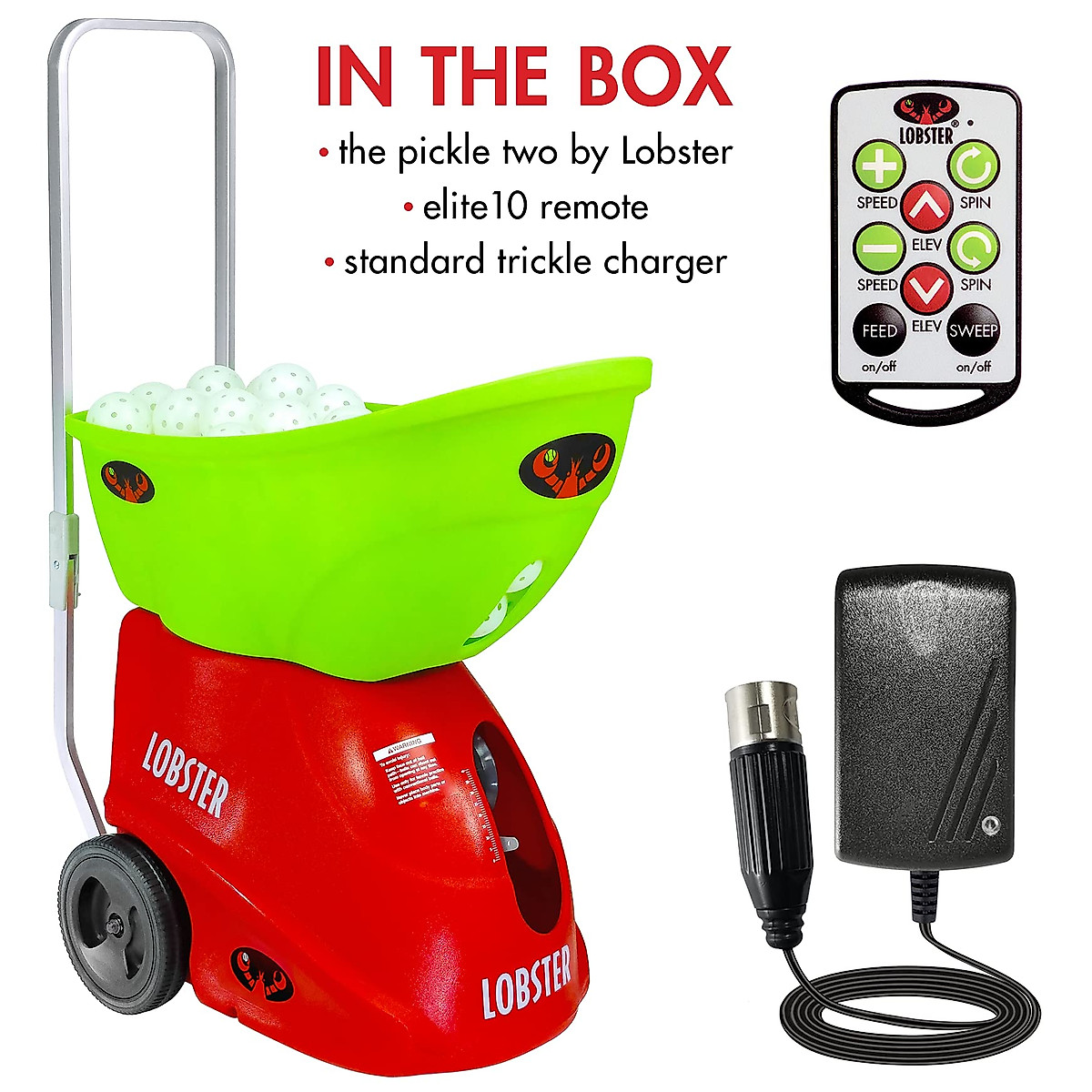 Lobster Sports – The Pickle Two by Lobster Pickleball Machine with elite10 Remote – Full-Featured – Adjustable Topspin & Backspin – 2-Line Oscillation – Battery Powered – Portable – Lightweight 42 lb