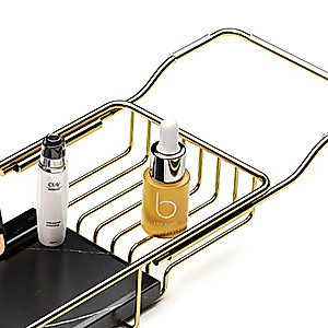 BAWOUA Bathtub Caddy Tray for Luxury Baths, Over Bathtub Racks with Marble(Black), Strong Expandable Chrome Polished Stainless Steel Brackets for Bath (Gold)