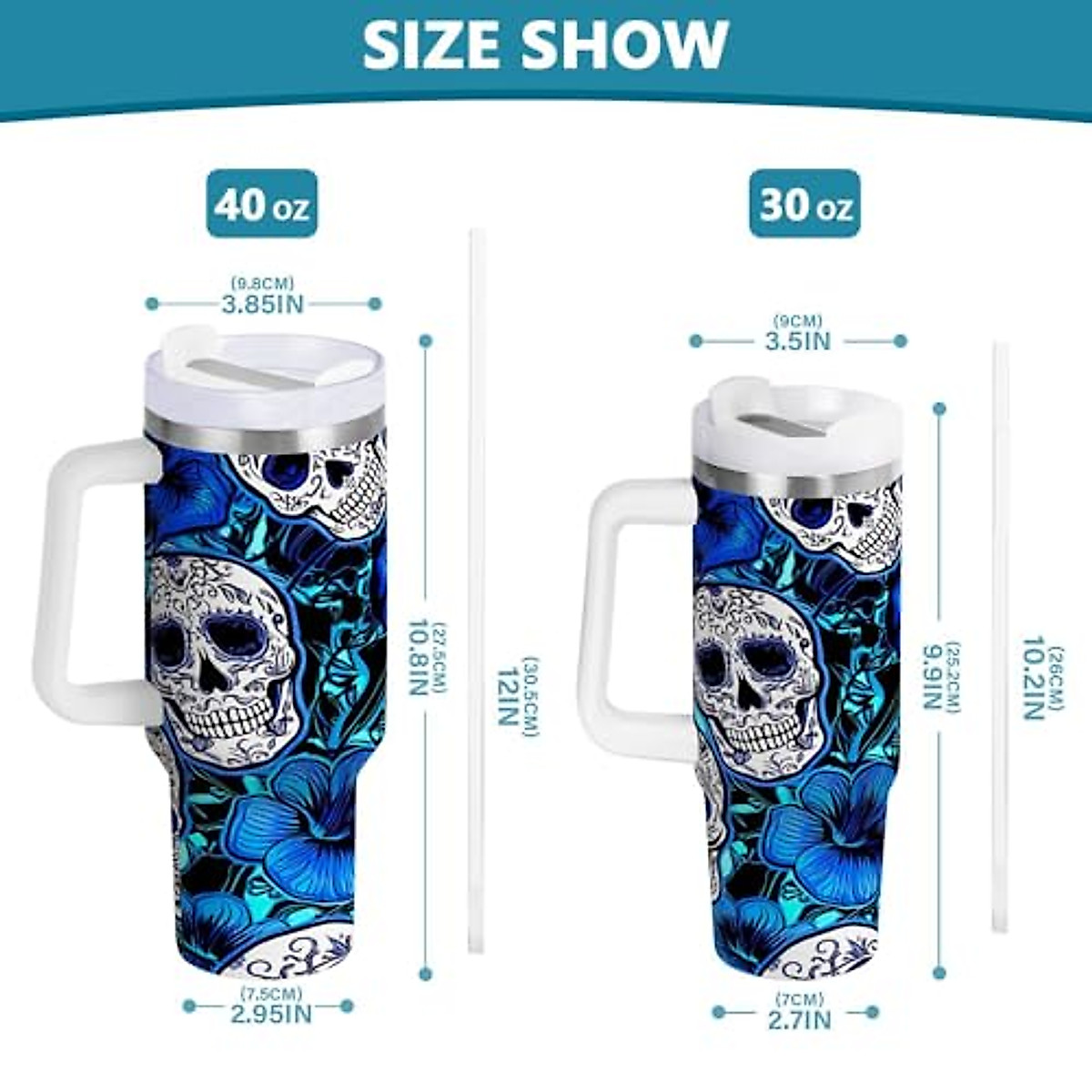 RPLIFE Blue Flowers Sugar Skulls Stainless Steel Coffee Tumbler, Insulated Water Bottle with Straw, Tumbler for Men