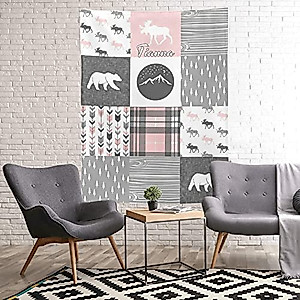 Personalized Patchwork Woodland Bear Reindeer Blanket with Name Text Custom Super Soft Fleece Throw Blankets for Couch Sofa Bed 50 X 60 inches