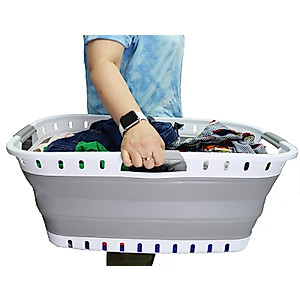 SAMMART 44L (11.62 gallons) Collapsible Plastic Laundry Basket - Foldable Laundry Hamper-Portable Storage Container/Organizer - Pop Up Saving (White/Grey)