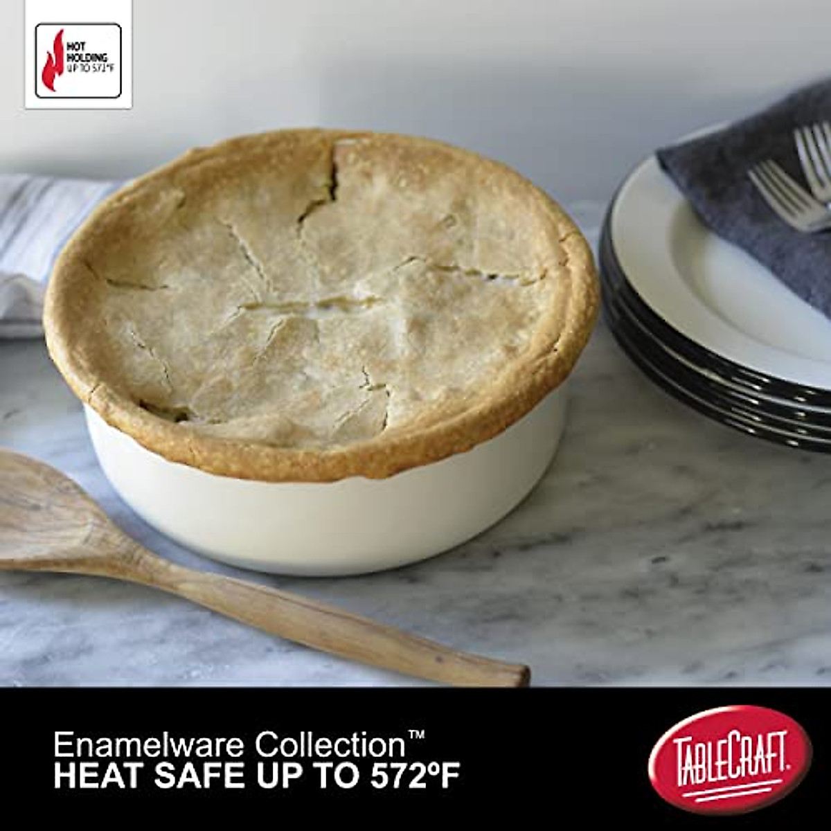 Tablecraft Enamelware Collection Black Rim Solid White Enamel Deep Bowl Baking Pan, Camping, Farmhouse, Home & Restaurant, Porcelain over Steel, Vintage, Boho, Retro, 10.13" Round, 3.6" Deep