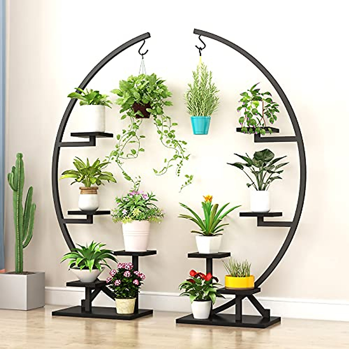 AISUNDY 5 Tier Metal Plant Stand Full Black, Indoor Metal Plant Shelf Stand Decorative Bonsai Flower Shelves Pot Holder, Multi-Purpose Curved Metal Display Rack for Garden, Patio, Balcony (Full Black)