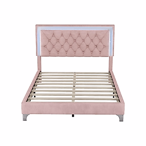 BEDGJH Upholstered Full Size Bed Frame with LED Lights, Modern Velvet Platform Bed with Tufted Headboard, Perfect for Kids Teens Girls & Boys Bedroom,No Box Spring Needed/Easy Assembly (Pink, Full)