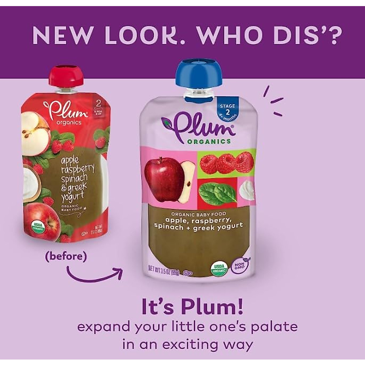 Plum Organics | Stage 2 | Organic Baby Food Meals [6+ Months] | Apple, Raspberry, Spinach & Greek Yogurt | 3.5 Ounce Pouch (Pack Of 6) Packaging May Vary
