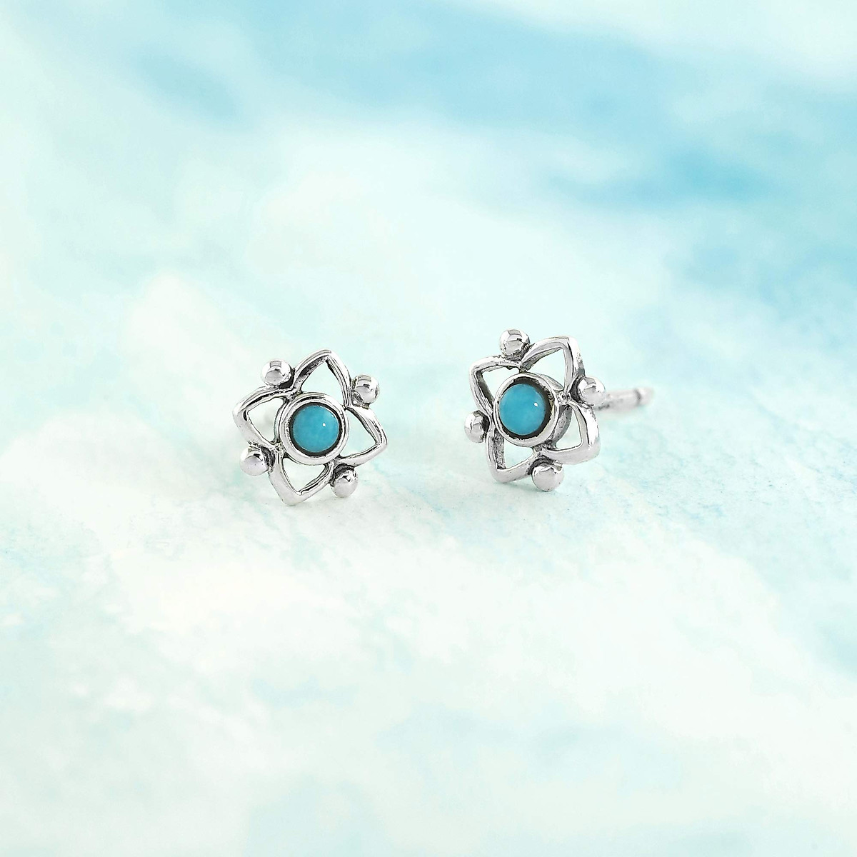 Boma Sterling Silver Blue Turquoise Flower Shaped Dot Stud Earring