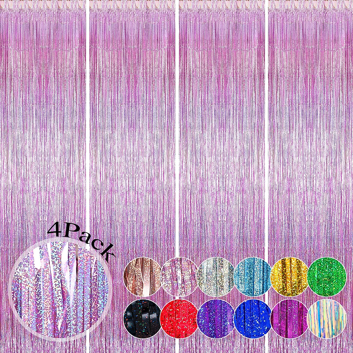 4 Pack Pink Tinsel Curtain Metallic-12.8x8.2 Feet, Slmeno Glitter Pink Fringe Curtain, Pink Party Curtain, Pink Tinsel Backdrop, Pink Streamer Backdrop, Pink Foil Fringe Curtain, Pink Glitter Backdrop