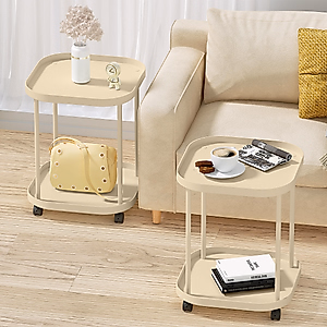 villertech Side Table with Wheels, End Table Living Room Plastic Mobile Sofa Side Table Small Night Stand Bedroom Khaki (2 Pack)