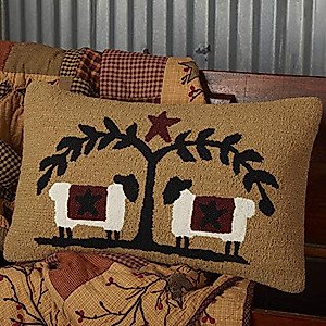 VHC Brands Heritage Farms Sheep and Star Hooked Graphic/Print Textured Wool Primitive Bedding Hand Sewn 22x14 Filled Pillow, 1 Count (Pack of 1), Mustard Tan