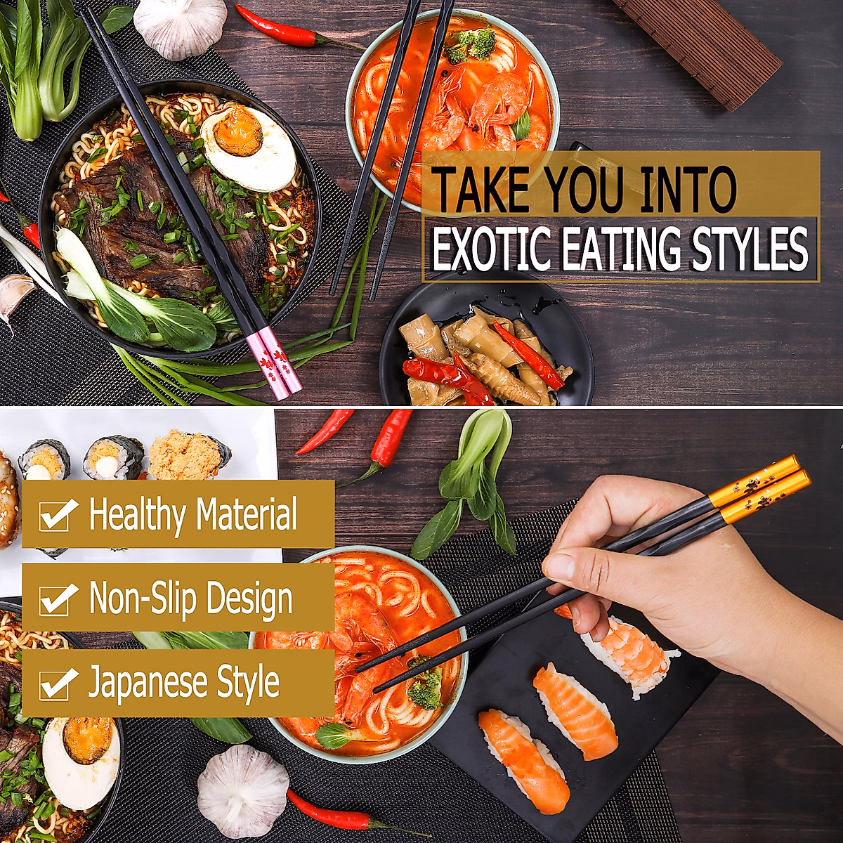 HuaLan Fiberglass Chopsticks Series - Japanese Non-Slip Chopstick, Reusable Chop Sticks Dishwasher Safe, 5 Pairs, Gift Set, 9.9 Inches