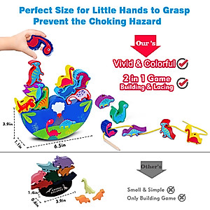 Wooden Stacking Dinosaur Toys for Kids 3-5 - Dino Lacing Beads for Toddlers 1-3 - STEM Building Blocks Montessori Toys for 2 3 4 5 6 7 Year Old Boys Girls Gifts Toddler Activities Games Ages 2-4