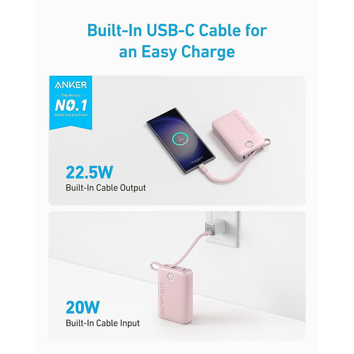 Anker Power Bank Battery Pack, 20,000mAh 22.5W High Speed Charging Portable Charger with Built-in USB C Cable, 1 USB-C, 1 USB-A, for iPhone 15/15 Plus/15 Pro/15 Pro Max, MacBook, Galaxy