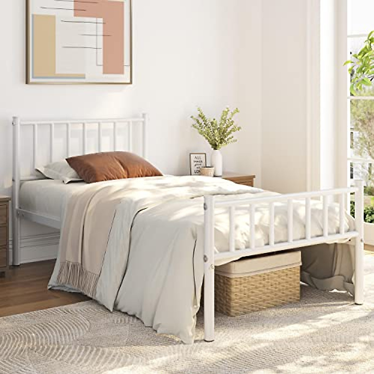 Yaheetech Twin Size Bed Frame Metal Platform Bed Frame Mattress Foundation with Spindle Headboard & Footboard/No Box Spring Needed/14 Inch Underbed Storage/Firm Support & Easy Set up Structure, White