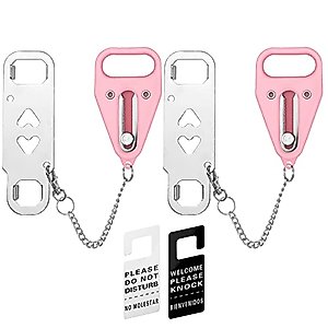Portable Door Lock, Extra Home Security Locker for Additional Privacy and Safety, Travel Lock Down Locks for Traveling, Hotel, Home, Apartment, College with Door Hanger Sign (2 Pack, Pink)