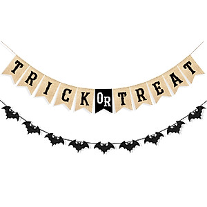 Uniwish Trick or Treat Burlap Banner Halloween Decorations for Mantel Fireplace Glitter Bat Garland Bunting Home Wall Decor Halloween Party Supplies