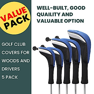 FINGER TEN Golf Club Head Covers Woods Driver Fairway Hybrid 3/4/5 Set, Headcovers Men 1 3 5 7 X Interchangeable Number Tag, Fit All Wood Clubs (5 Pack-Blue(1D+2F+2H))