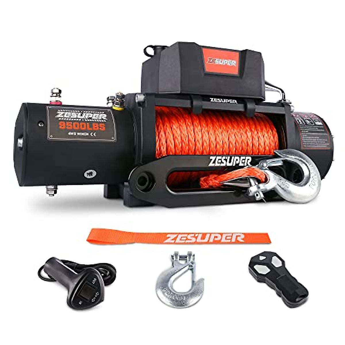 ZESUPER 9500 lbs Electric Winch Kit Waterproof IP67 Electric Winch with Hawse Fairlead, with Both Wireless Handheld Remote and Corded Control Recovery (9500-Rope)