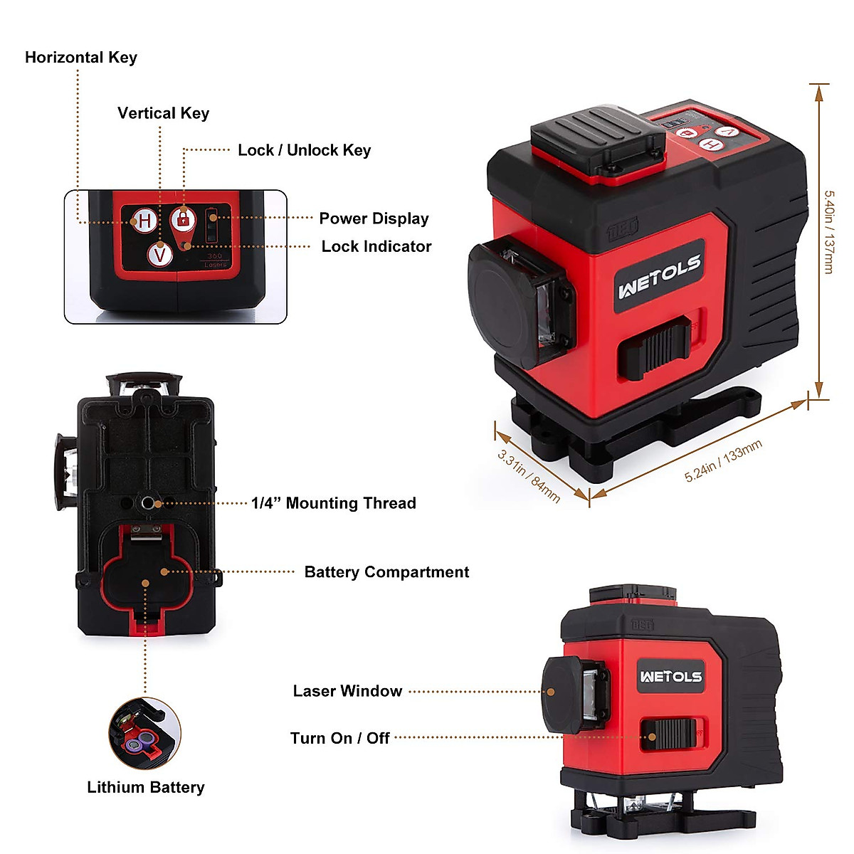 WETOLS 12 Lines Laser Level, 3x360° 3D Green Cross Line, Rechargeable Batteries, Remote Controller, Switchable & Auto Self-Leveling, Three-Plane Leveling & Alignment, with Portable Toolbox WE-185