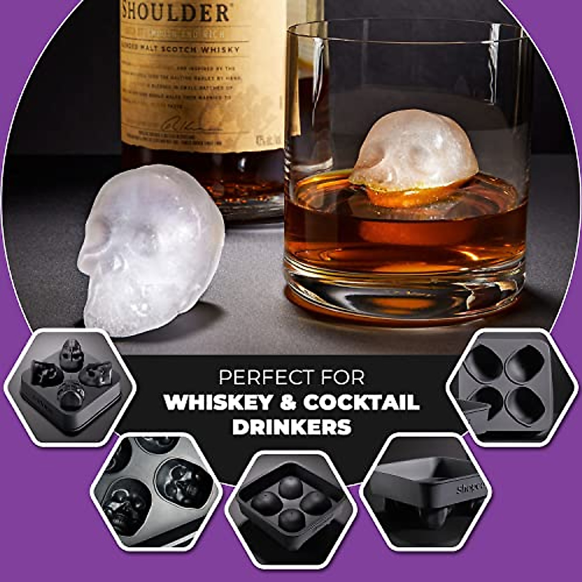 Shaped 3D Large Skull Ice Cube Mold Tray, Stackable Silicone Round Ice Maker for Whiskey Drinkers, Bartenders, Gift Exchanges, Home Bars and Holiday Gifts