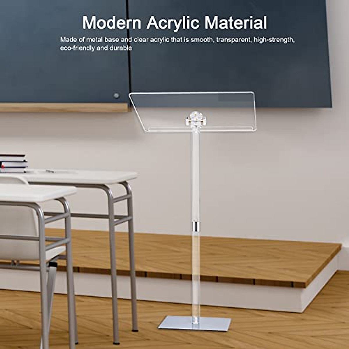 HMYHUM Acrylic Podium Stand, Angle Adjustable, Modern Lecterns & Pulpits for Classroom, Concert, Church, Speech, Easy Assembly, Metal Base, 23.6" L x 15.7" W x 42.3" H, Clear