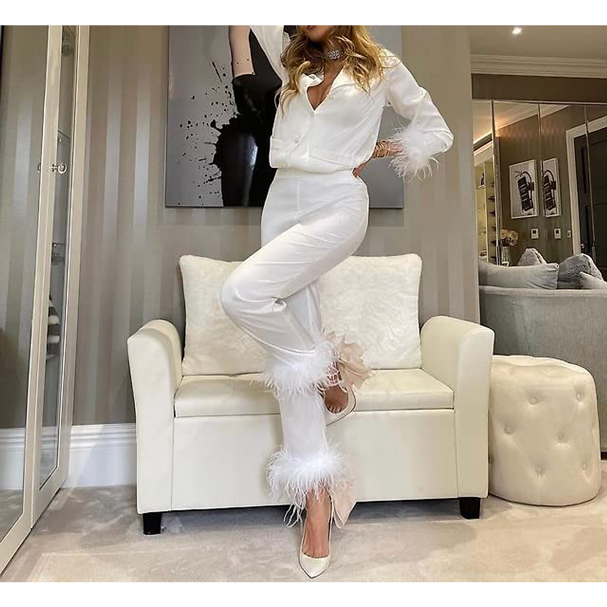 Button Down Pajamas Set for Women Long Sleeve Satin Silk Feather Trim Nightwear Loungewear (S, White)