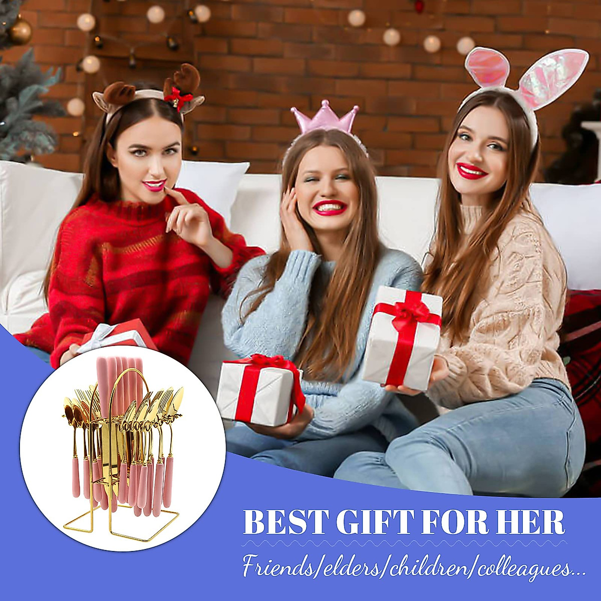 Gold Silverware Set, Caliamary 24 Pieces Flatware Set with Silverware Holder, Stainless Steel Knives and Forks and Spoons Cutlery Set Service for 6, Kitchen Utensil Tableware Set with Pink Handle