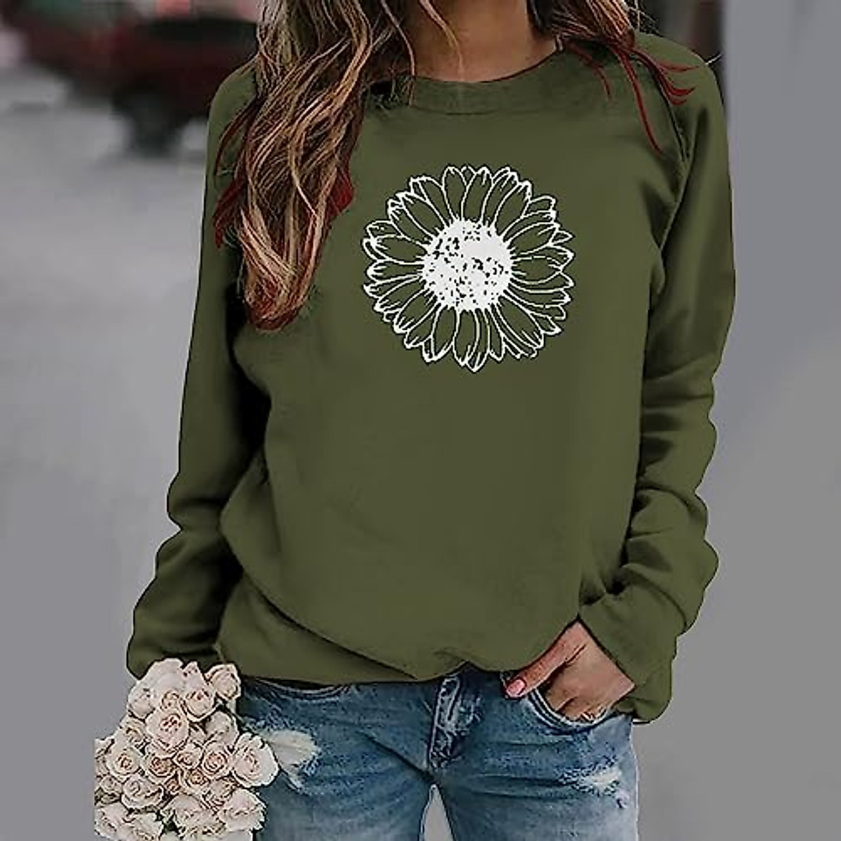 LAWOR Womens Short Sleeve Blouses 2023 Fashion Sudaderas cuello redondo y estampado girasoles para mujer suéteres holgados de manga larga para otoño e invierno A1-Army Green Small