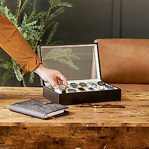 CASE ELEGANCE Solid Espresso 12 Slot Wood Watch Box Organizer with Glass Display Top