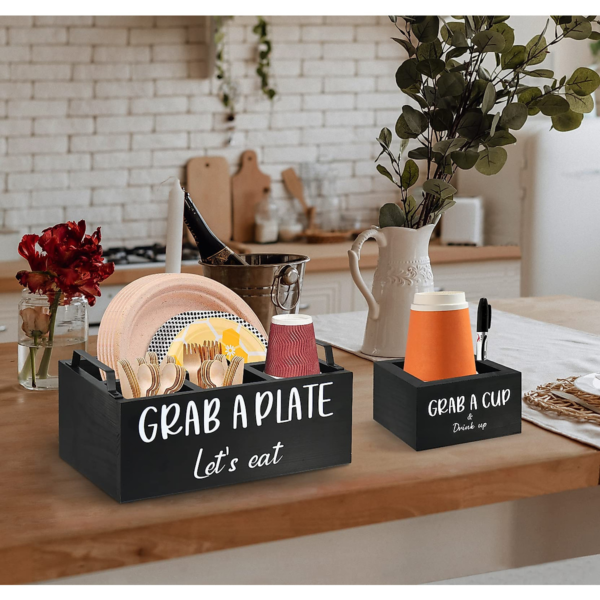 Kitchen Utensil Holder, Kitchen Countertop Plate Organizer with Large Cup Holder, Paper Plate Holders, Disposable Dish Holder and Disposable Cup Holder Utensil Caddy for Kitchen, Party, BBQ(Set of 2)…