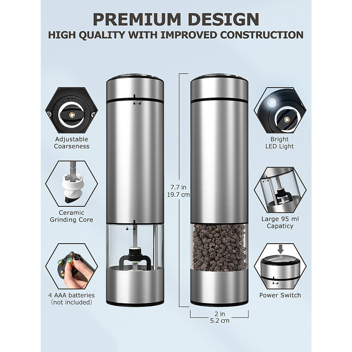 innhom Electric Salt and Pepper Grinder Set Battery Operated Stainless Steel Salt Grinder Pepper Mill Automatic Salt and Pepper Grinder Set with Adjustable Coarseness