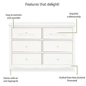 SweetPea Baby Rose/Tiana Double Dresser in French White, Made of Sustainable Pinewood, Easy to Assemble, Non-Toxic Finish, Six Spacious Drawers, Nursery Furniture