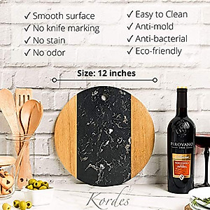 12inch Marble Cheese Board with Acacia Wood Accent - Charcuterie Board for Two - Round Marble and Wood Cheese Board - Marble Cutting Board
