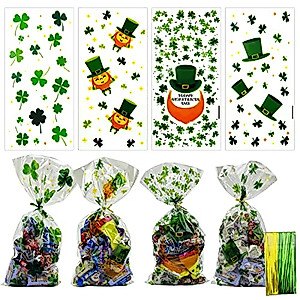 160 Pieces St. patrick's day Cellophane Treat Bags, Irish Lucky Shamrock Plastic Candy Bags Goodie Favor Bags with Ties for Saint Patrick's Day Party Supplies