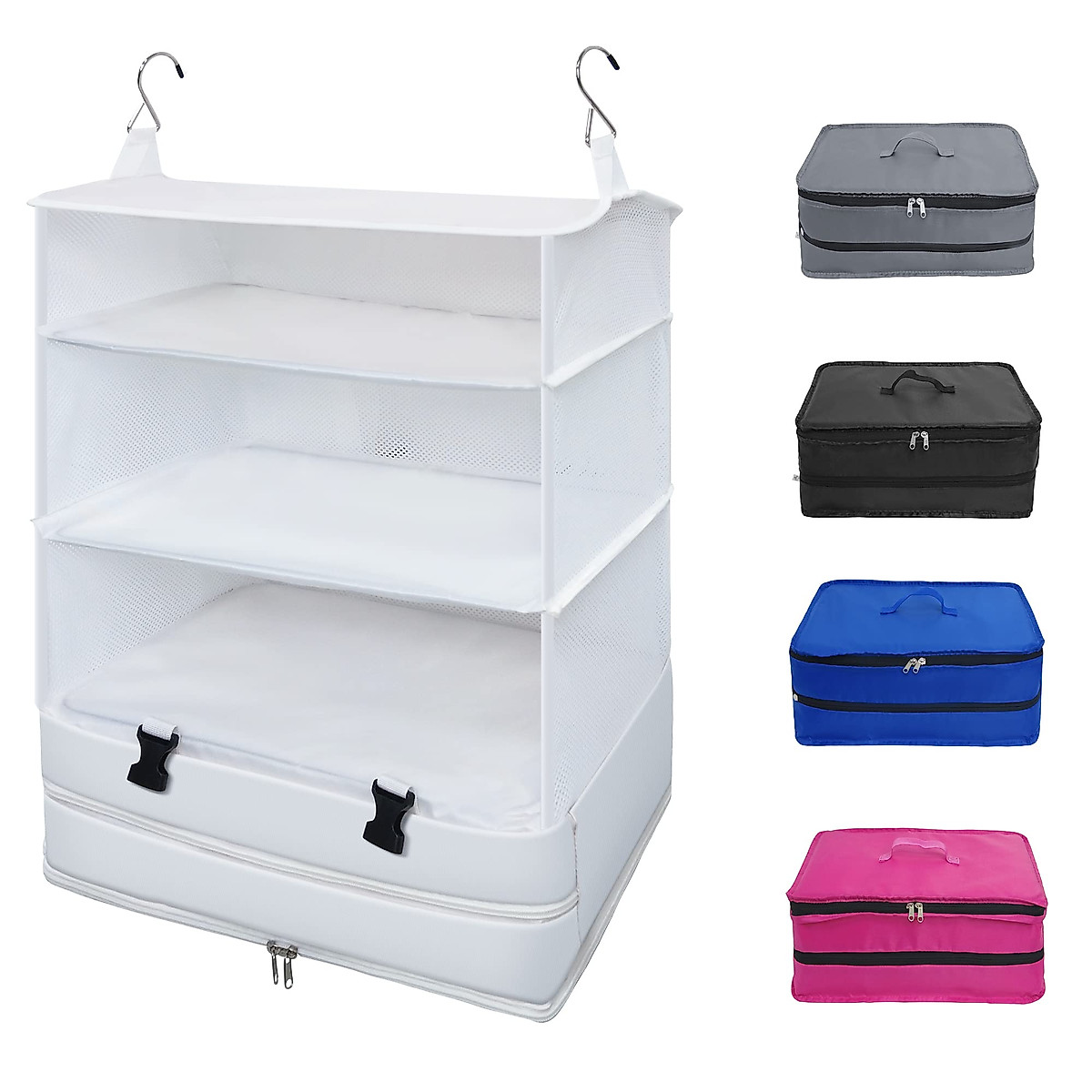 Twira Portable Hanging Travel Shelves, Suitcase Organizer, Packing Cubes for Travel, Carry-On Closet Insert, X-Large Capacity Travel Bags Collapsible 4-Shelf Travel Closet with 2 Hooks (White)
