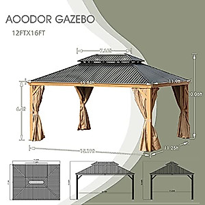 Aoodor 12’ x 16’Wooden Grain Coated Aluminum Gazebo Hardtop 2-Tier Black Steel Roof, Wooden Print Frame with Curtain&Netting for Patios, Gardens, Lawns