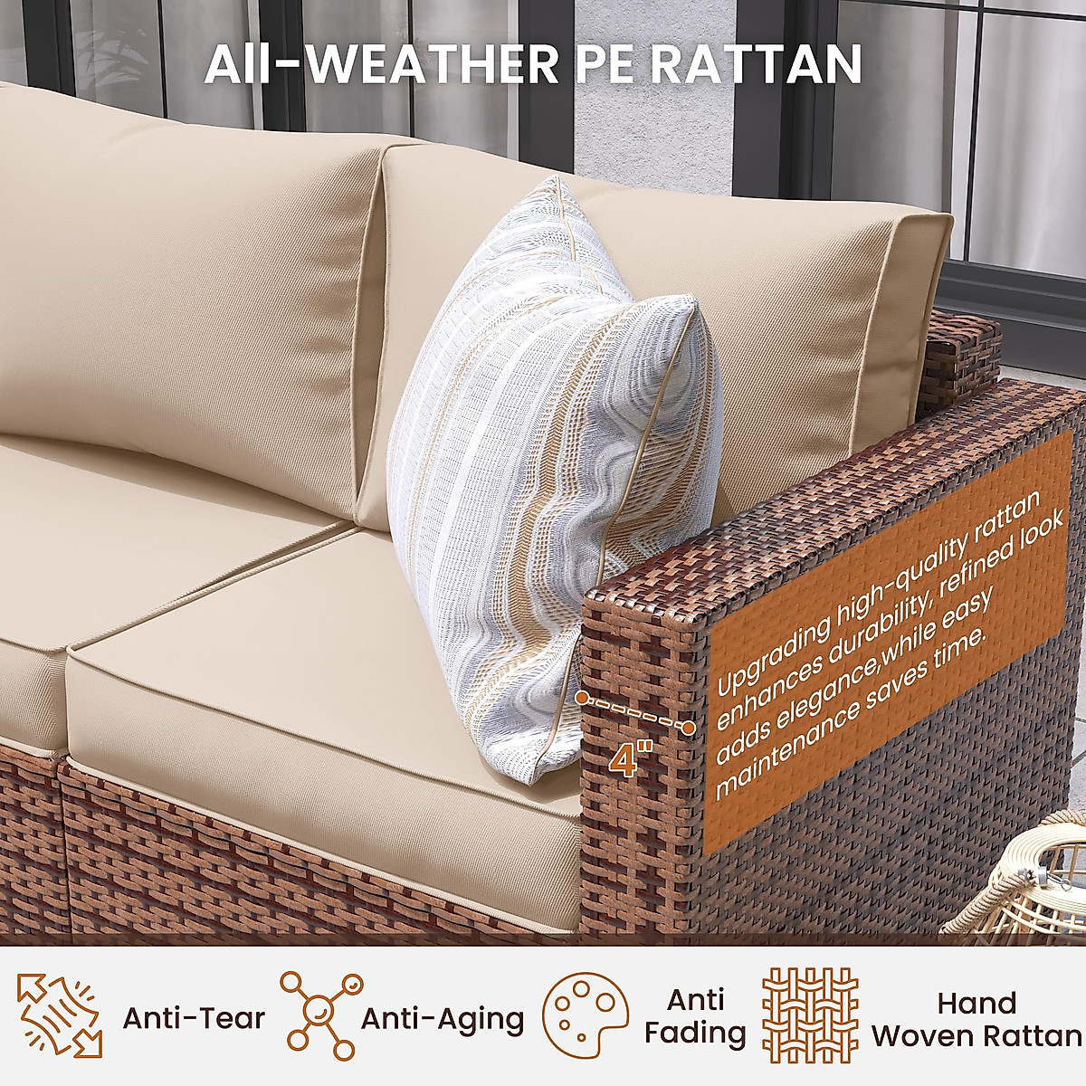 UDPATIO Outdoor Patio Furniture, 4 Pieces Outdoor Sectional Patio Set with Storage Coffee Table and Khaki Cushions, Patio Loveseats Balcony Furniture for Small Space