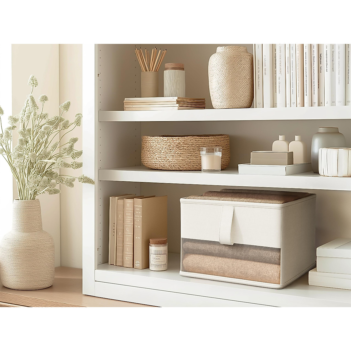 Vailando Foldable Storage Bins with Clear Window, Fabric Organizer for Closet, Shelves & Cubes - Breathable, Odor-Free Storage Boxes for Towels, Clothes, Toys, Books - 14.75"x10.25"x8", White, 3-Pack