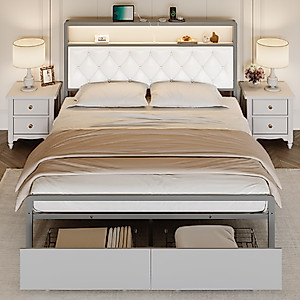 QPLZF Full Size Bed Frame with 2 Storage Drawers, Upholstered Full Bed Frame with LED Lights Headboard and Charging Station, No Box Spring Needed, Easy Assembly- Dark Grey