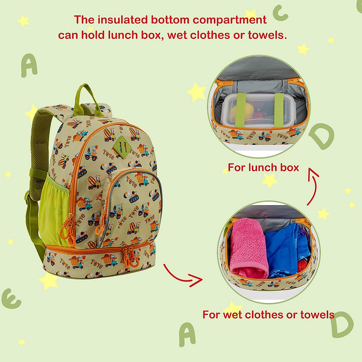 HAPPYSUNNY Toddler Backpack and Lunch Box Set for Boys 2-in-1 Machineshop Truck Kids Backpack and Insulated Lunch Bag Compartment