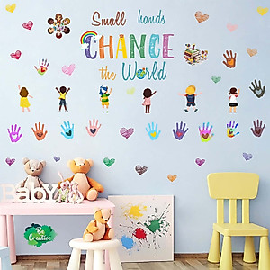 HATARU Colorful Inspirational Saying Wall Decals,Motivational Quotes Wall Stickers,Small Hands Wall Decals Nursery Decor,Change The World Handprints Wall Decals for Kids Room Classroom Decor