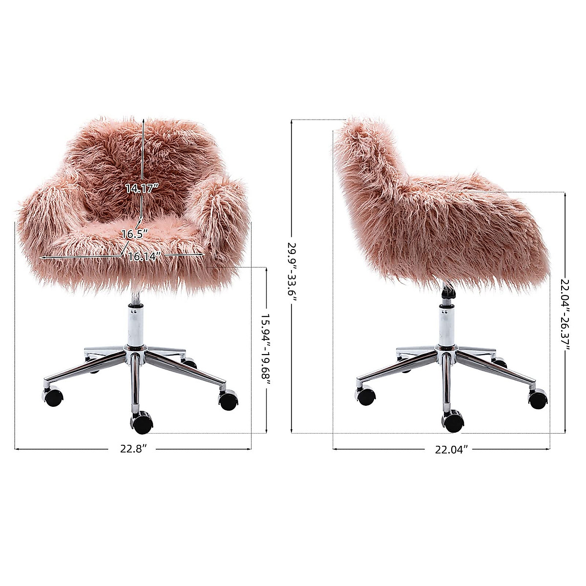 Modern Swivel Vanity Chair with Wheels for Bedroom Pink Faux Fur Desk Chair for Makeup Room Cute Upholstered Accent Swivel Chair for Living Room Small Home Office