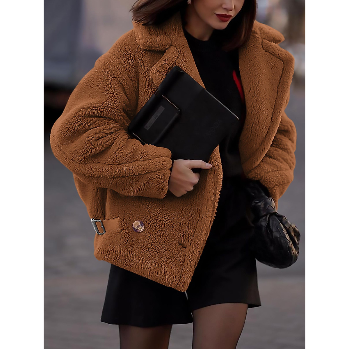 PRETTYGARDEN Womens 2024 Winter Fashion Sherpa Coats Lapel Fleece Jacket Long Sleeve Pockets Faux Fur Dressy Fall Outfits (Camel,Medium)